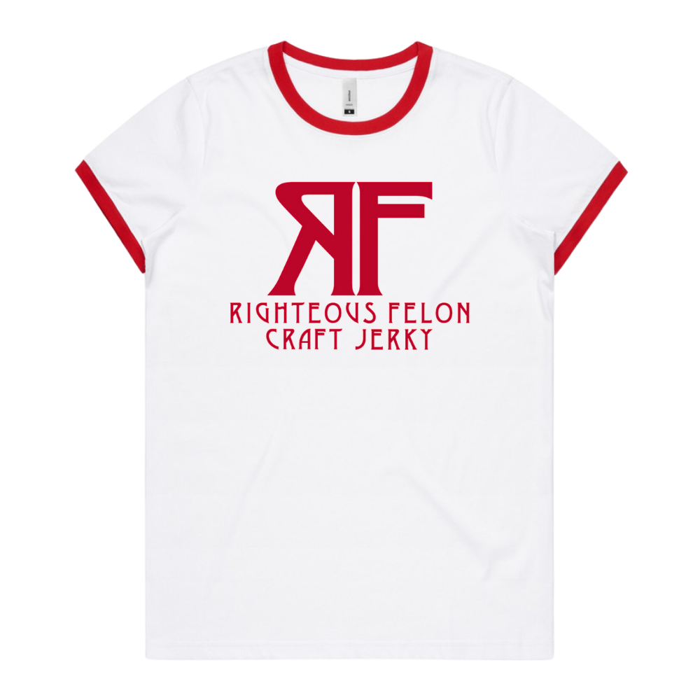 Women's Red & White Ringer T-Shirt – Righteous Felon Craft Jerky